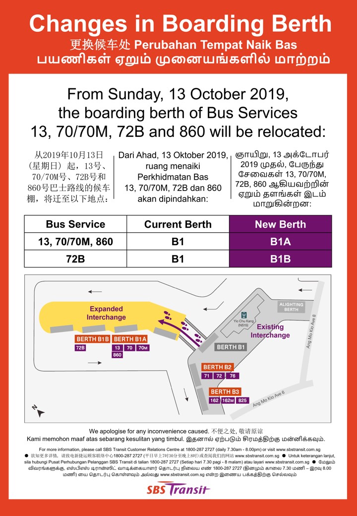Changes in Boarding Berth (Services 13, 70/70M, 72B and 860) - SBSTransit