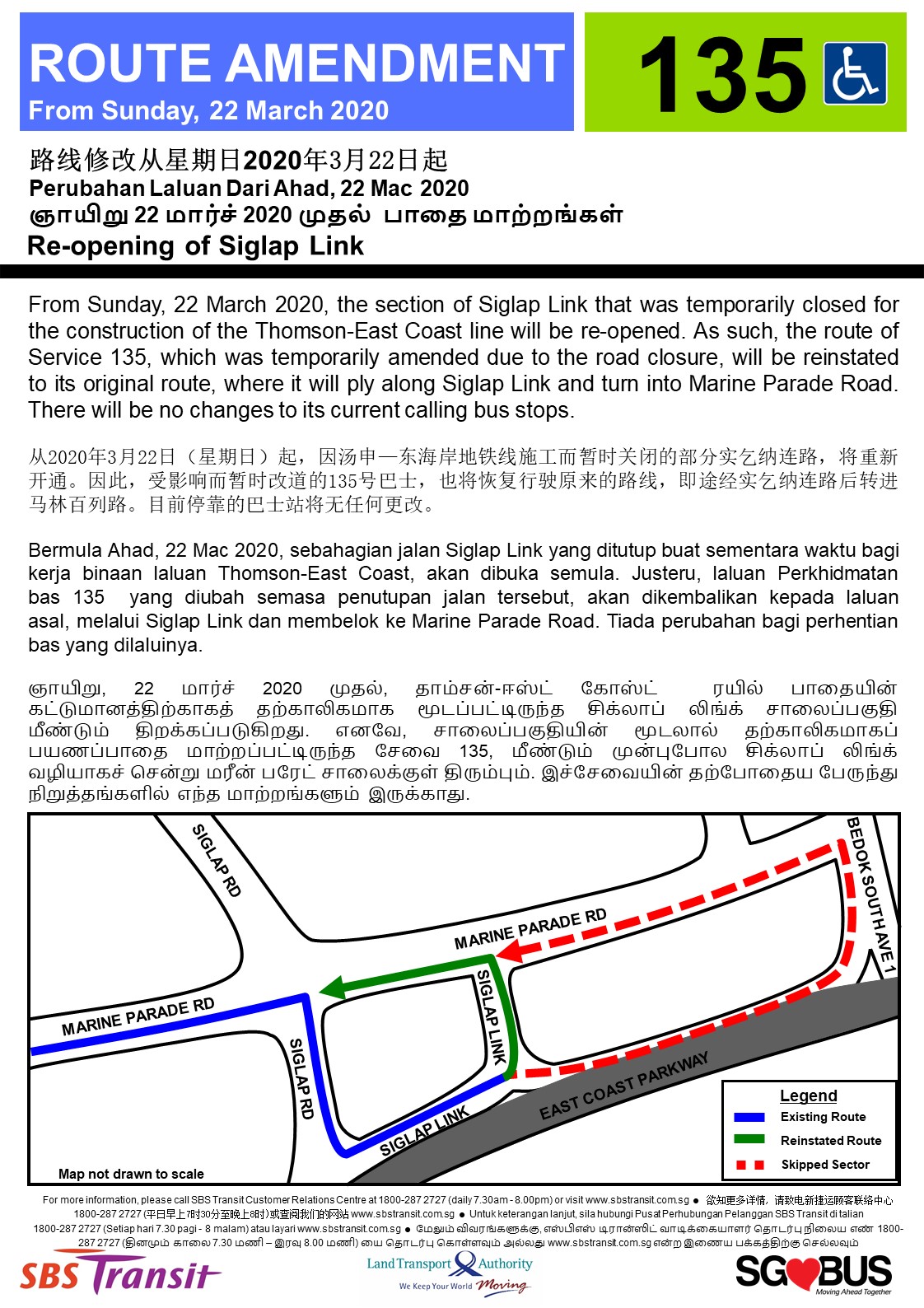 Service 135 to resume original route in Marine Parade area from 22 ...