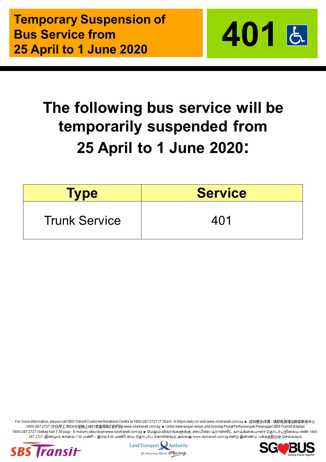 Temporary Suspension of Service 401 - SBSTransit