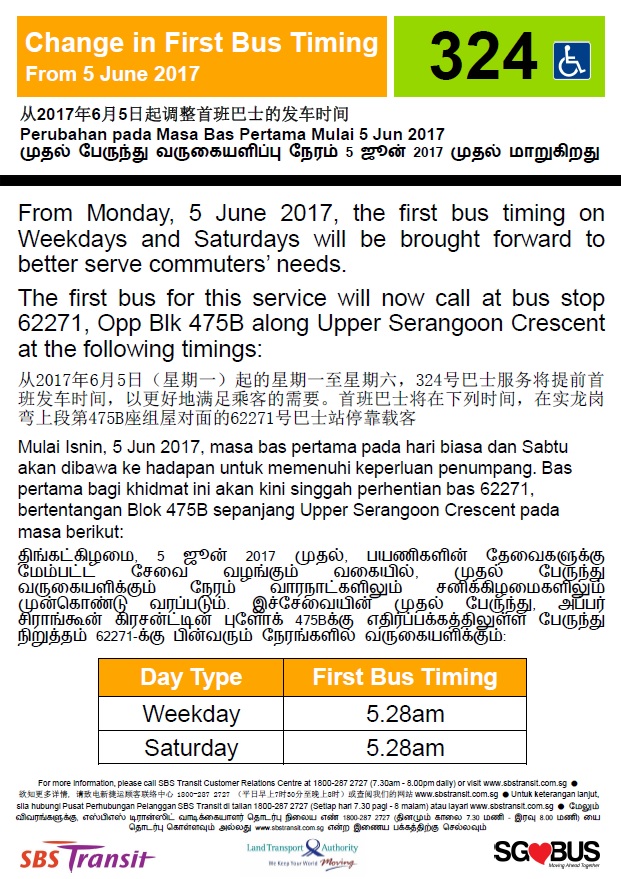 Change in First Bus Timing for Service 324 - SBSTransit