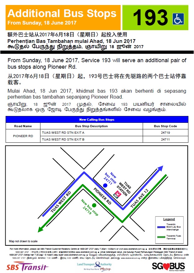Service 193 to call at new bus stops along Pioneer Road - SBSTransit