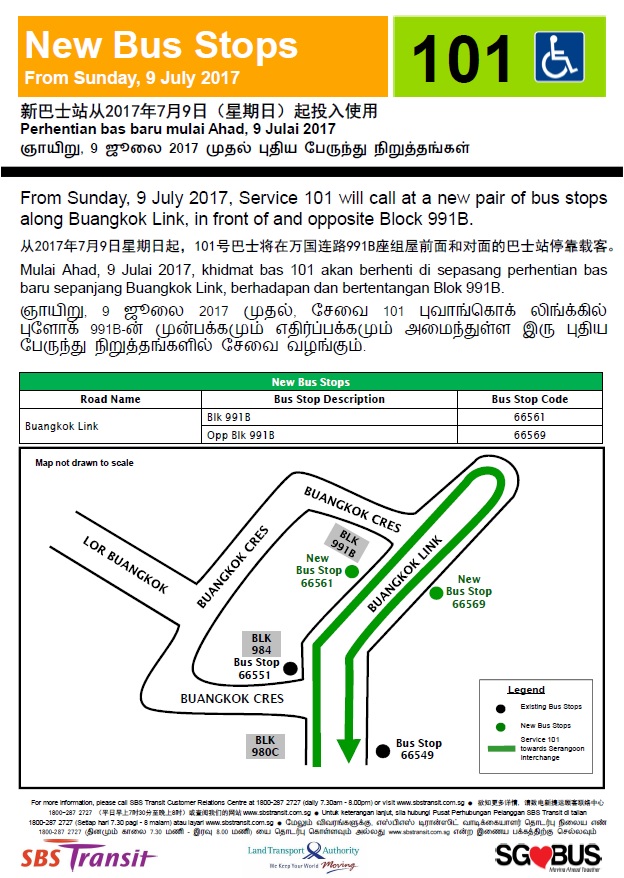Service 101 to call at new bus stops along Buangkok Link - SBSTransit