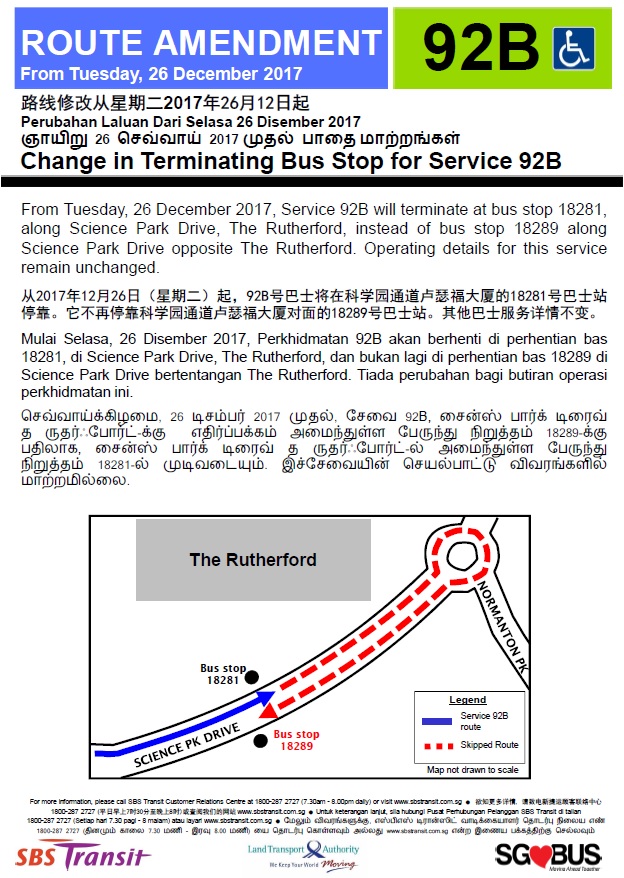 Service 92B to terminate at bus stop in front of The Rutherford ...