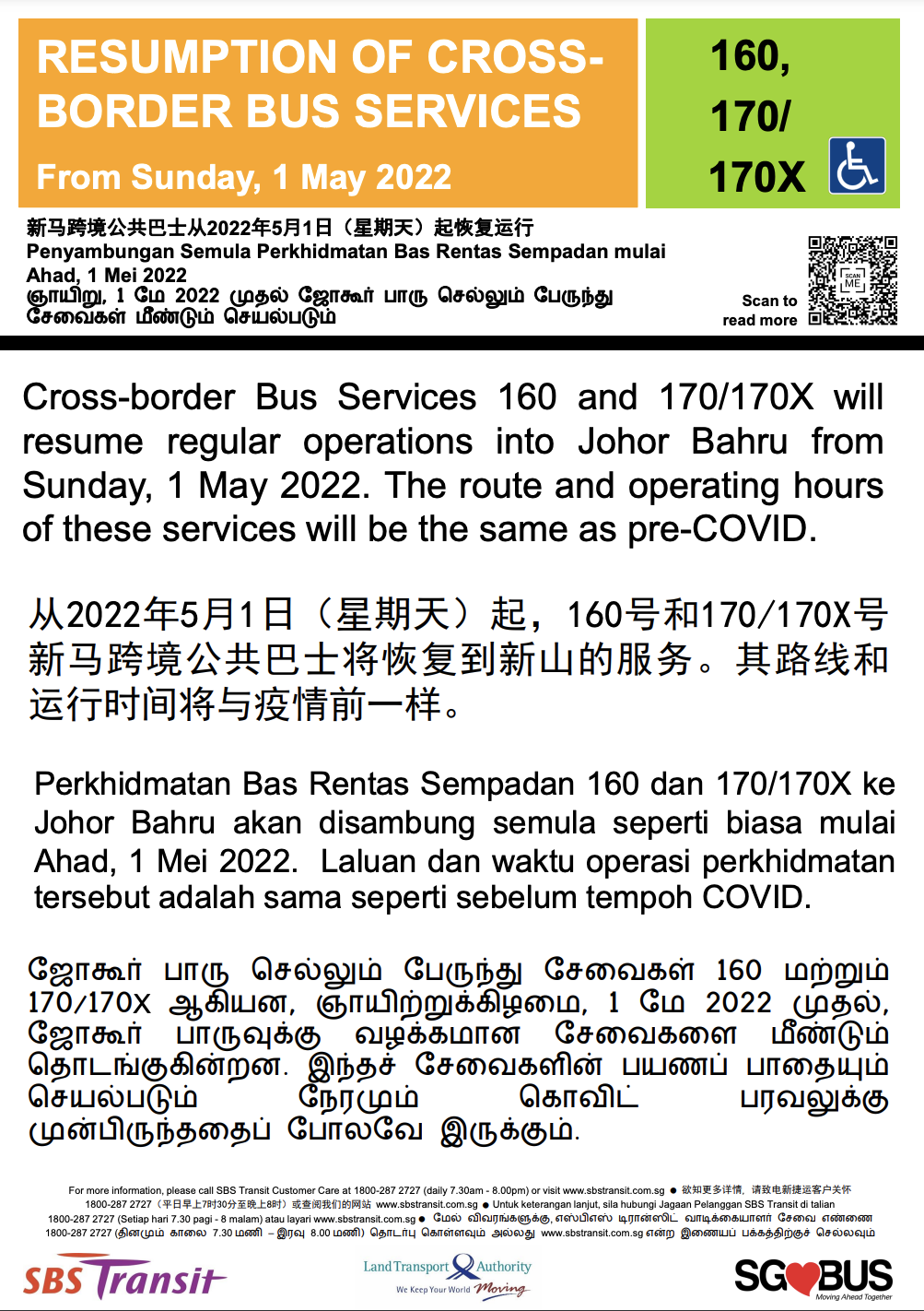 Resumption of cross-border bus services 160 and 170/170X - SBSTransit