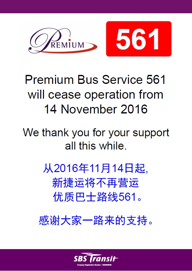 Premium Bus Service 561 will cease operation - SBSTransit