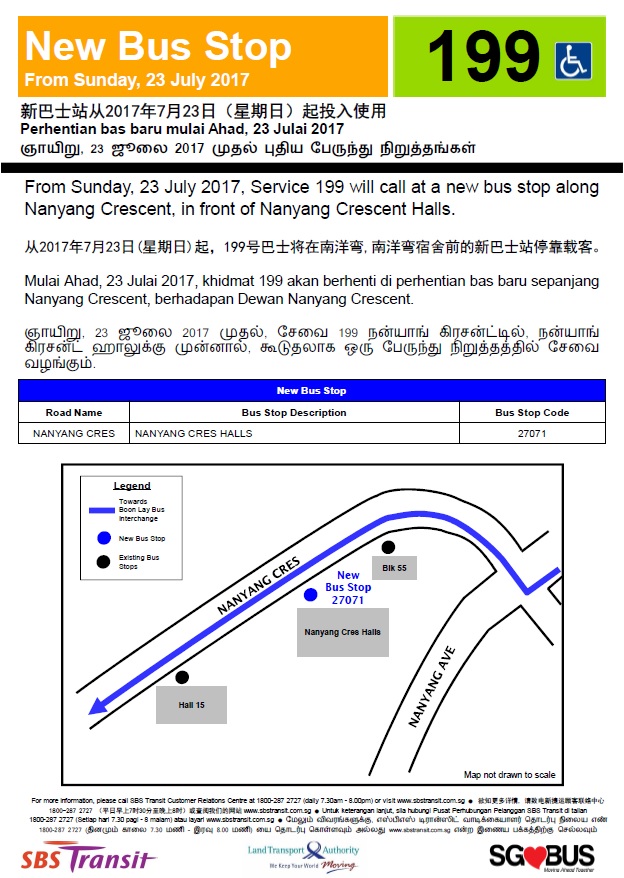 Service 199 to call at additional bus stop in NTU - SBSTransit