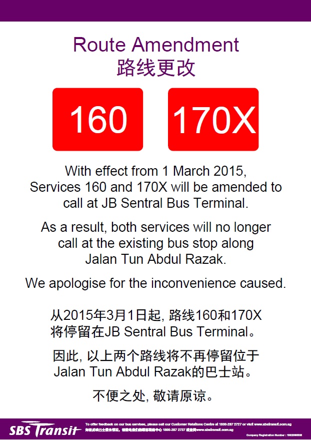 Service 160 and 170X to call at JB Sentral Bus Terminal from 1 March ...