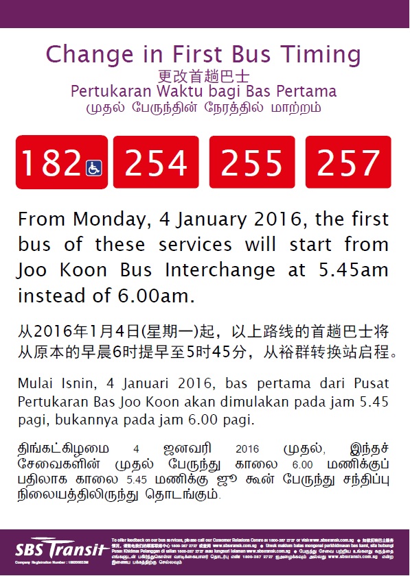Change in First Bus Timing for Services 182, 254, 255 and 257 - SBSTransit